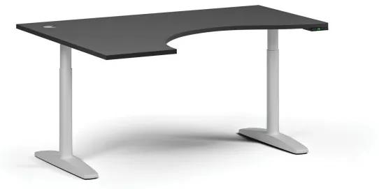 Výškově nastavitelný stůl OBOL, elektrický, 675-1325 mm, ergonomický levý, deska 1600x1200 mm, bílá zaoblená podnož, grafit