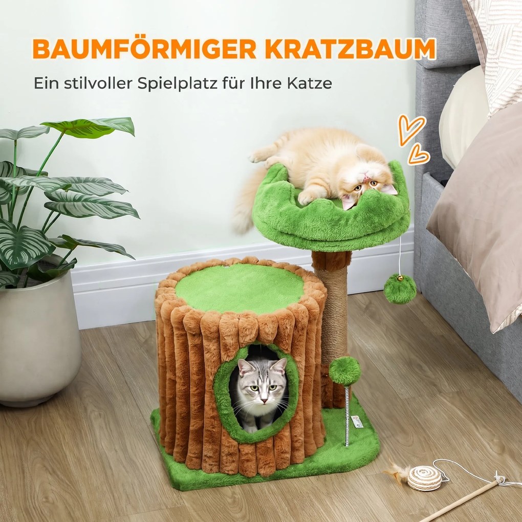 PawHut Škrabadlo 53 cm vysoké, kočičí strom s jeskyní, design kmene stromu, jutové stromy, 2 míčky pro 1-2 kočky do 5 kg, hnědo+zelené