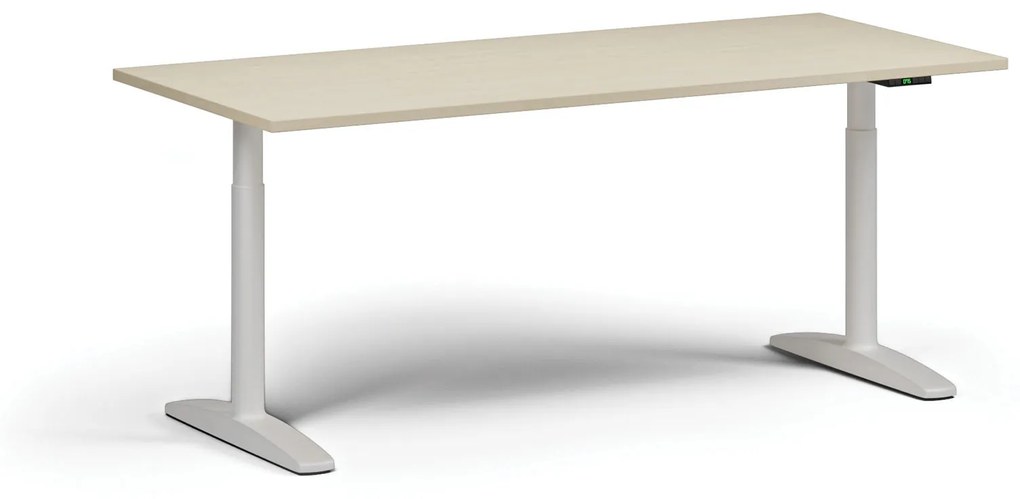 Výškově nastavitelný stůl OBOL, elektrický, 675-1325 mm, deska 1800x800 mm, bílá zaoblená podnož, buk