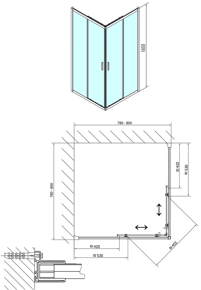 Polysan CARMEN sprchová čtvercová zástěna 800x800x1650mm, čiré sklo, MD5216