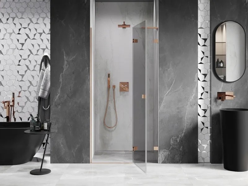 Mexen Lunar L, pravé otočné sprchové dveře 70 cm, 8mm čiré sklo, měděný matný profil, 834L-070-000-65-00-P