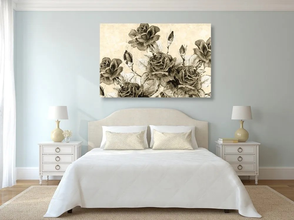 Obraz vintage kytice růží v sépiovém provedení - 120x80 cm