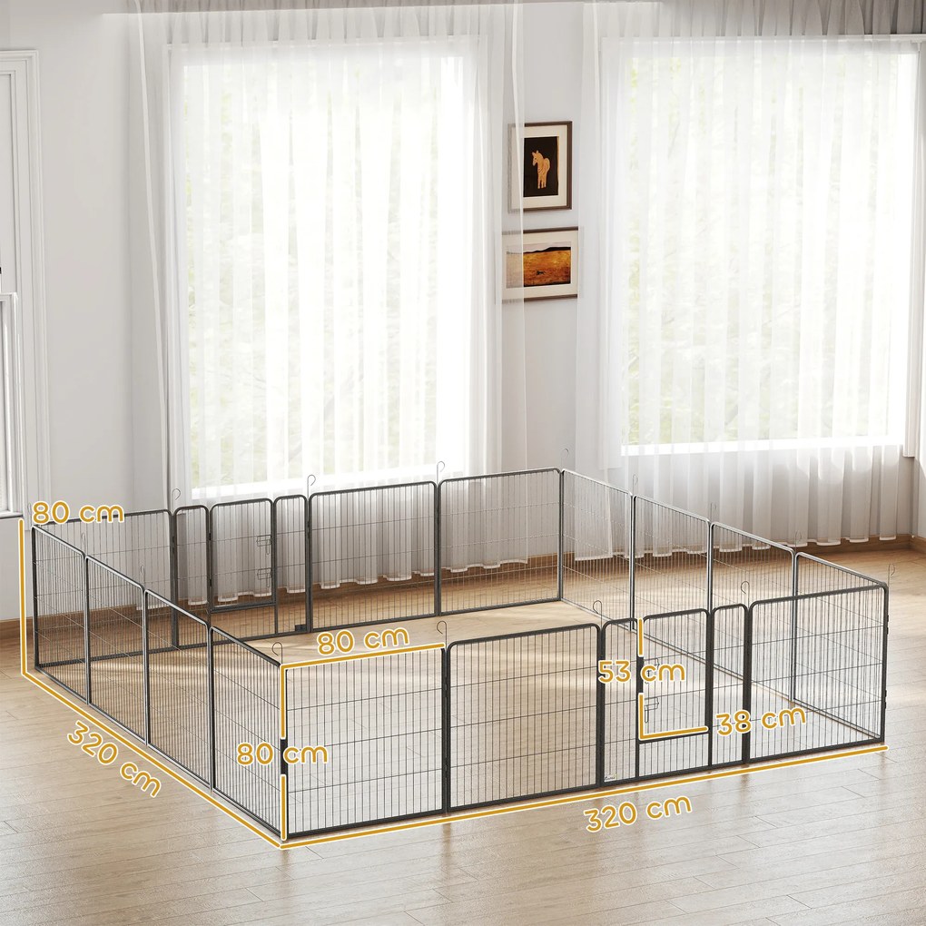 Ohrádka pro štěňata, 16dílný skládací výběh pro štěňata s dvířky pro malé a střední psy, 3,2 x 3,2 x 0,8 m, šedá barva