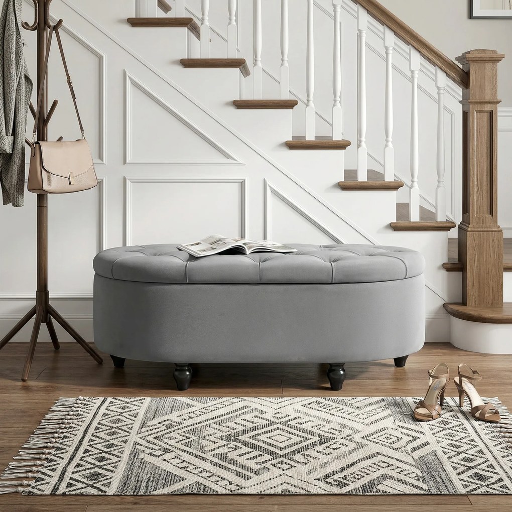 HOMCOM Lavice s úložným prostorem a otevřeným víkem, čalouněná lavice z materiálu Velvet-Touch, kaučukovník, tmavě šedá, 120x46x42cm do ložnice a pře…