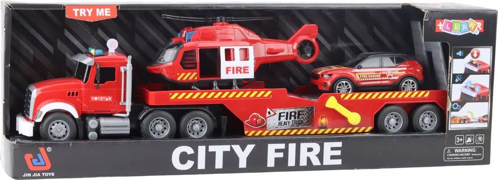 LEAN Toys Hasičský karavan Vrtulník Světla auta Zvuky Červená