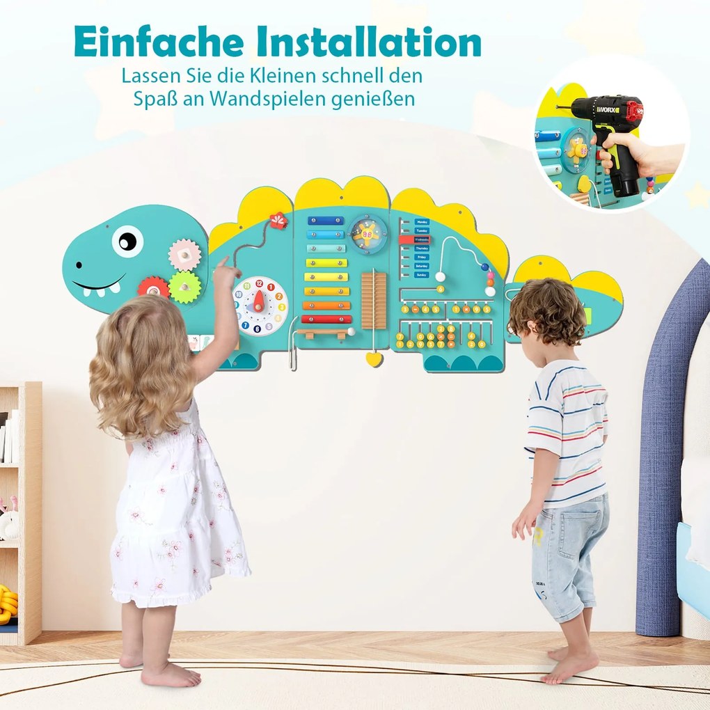 Costway Dinosaur Activity Wall pro batolata 11-in-1 Montessori dřevěná