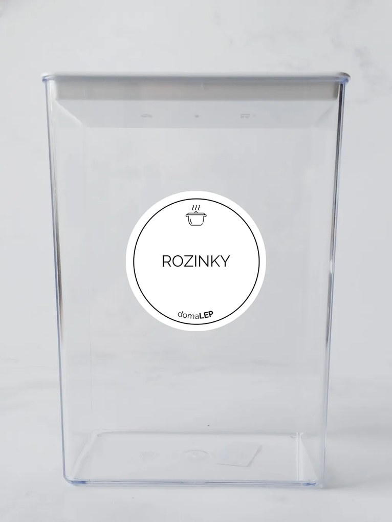 ROZINKY – bílá samolepka na dózu, základní písmo, 5 cm | DomaLEP