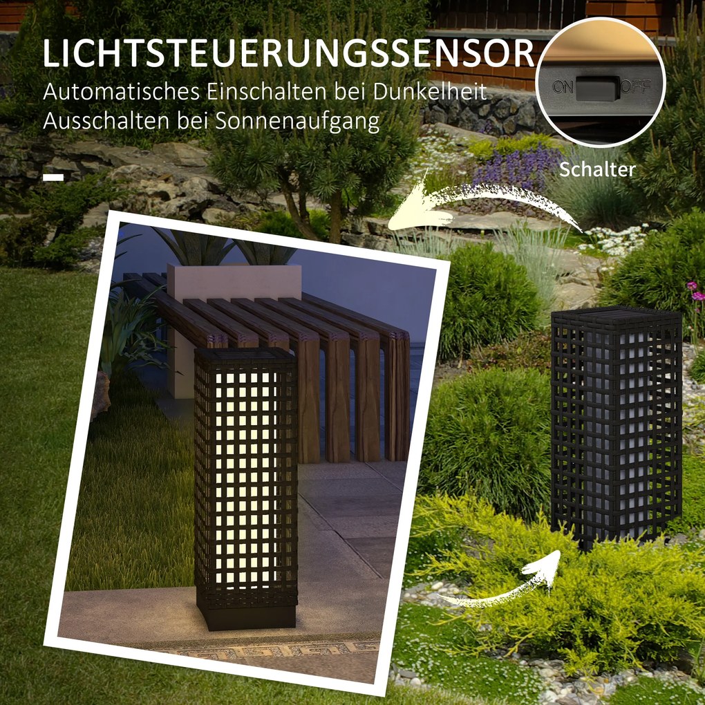 Outsunny solární světlo ratanový design 15,5x15,5x46cm vodotěsné se světelným senzorem automatická zahradní LED lampa černá pro terasu a zahradu