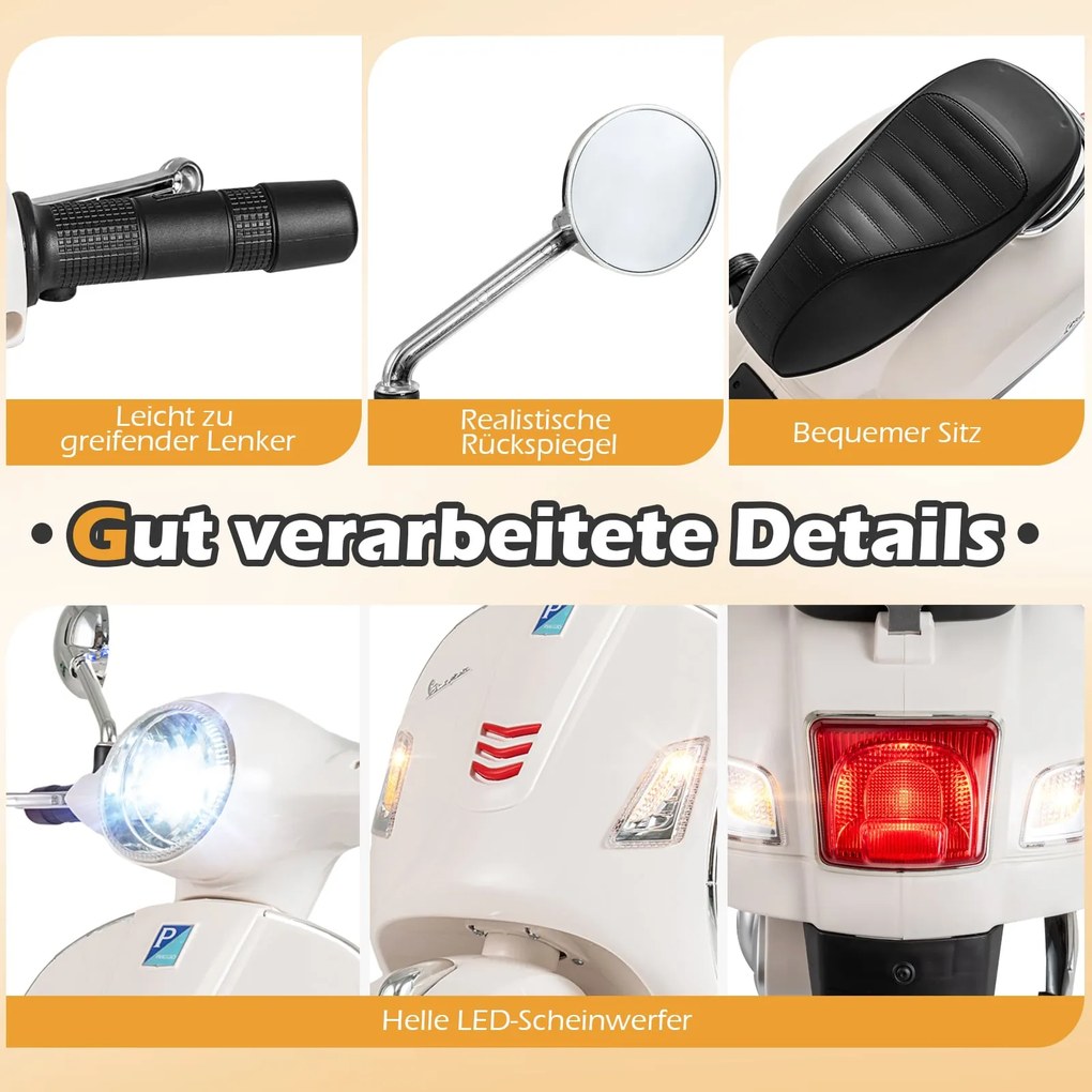 Costway Dětská motorka VESPA s LED světlometem a klaksonem elektrická dětská