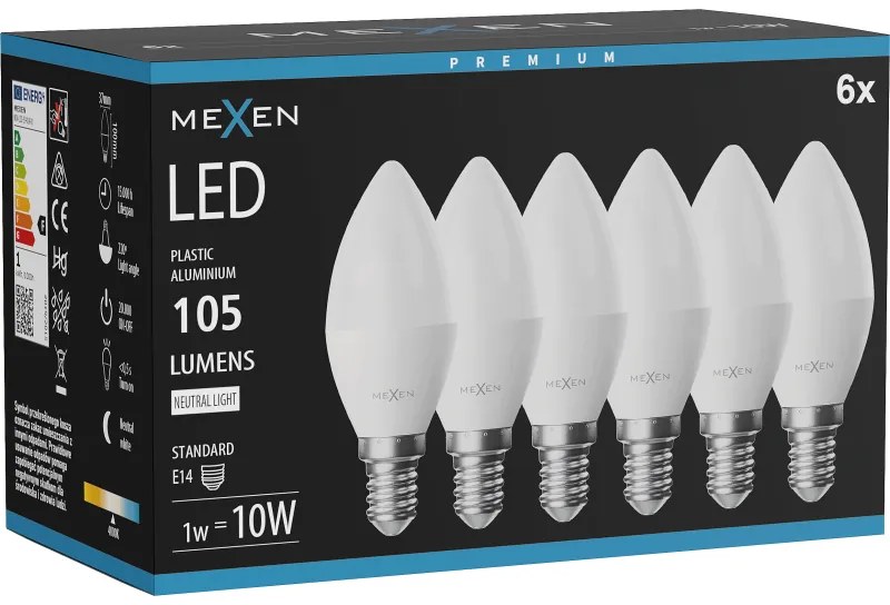 Mexen Nova 6x LED žárovka E14, C37, 1W, Neutrální - 4000K, 105 lm - L102-E14-0140-01x06