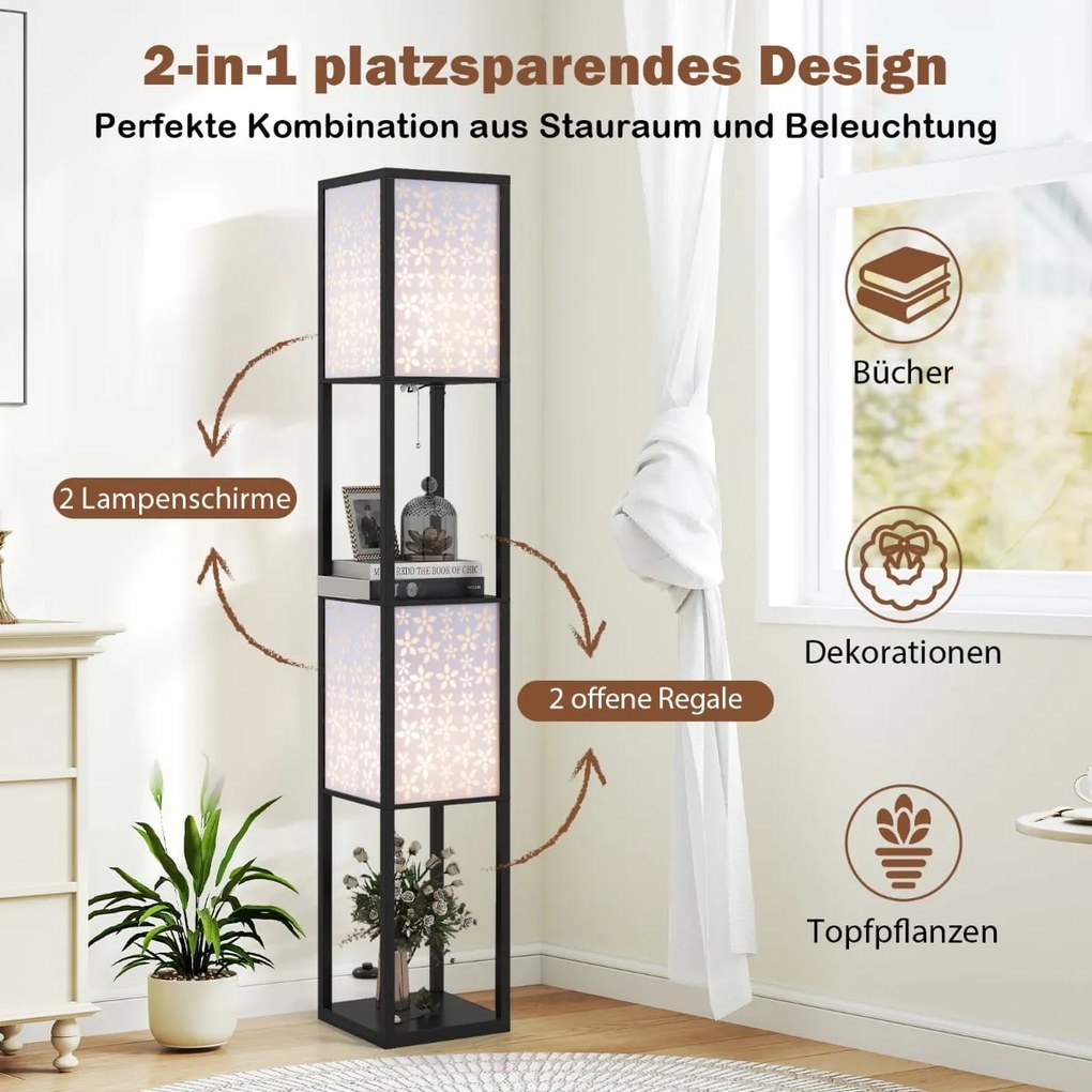 Costway 2 žárovková stojací lampa s 2 policemi Stojací lampa s 2 vyříznutým