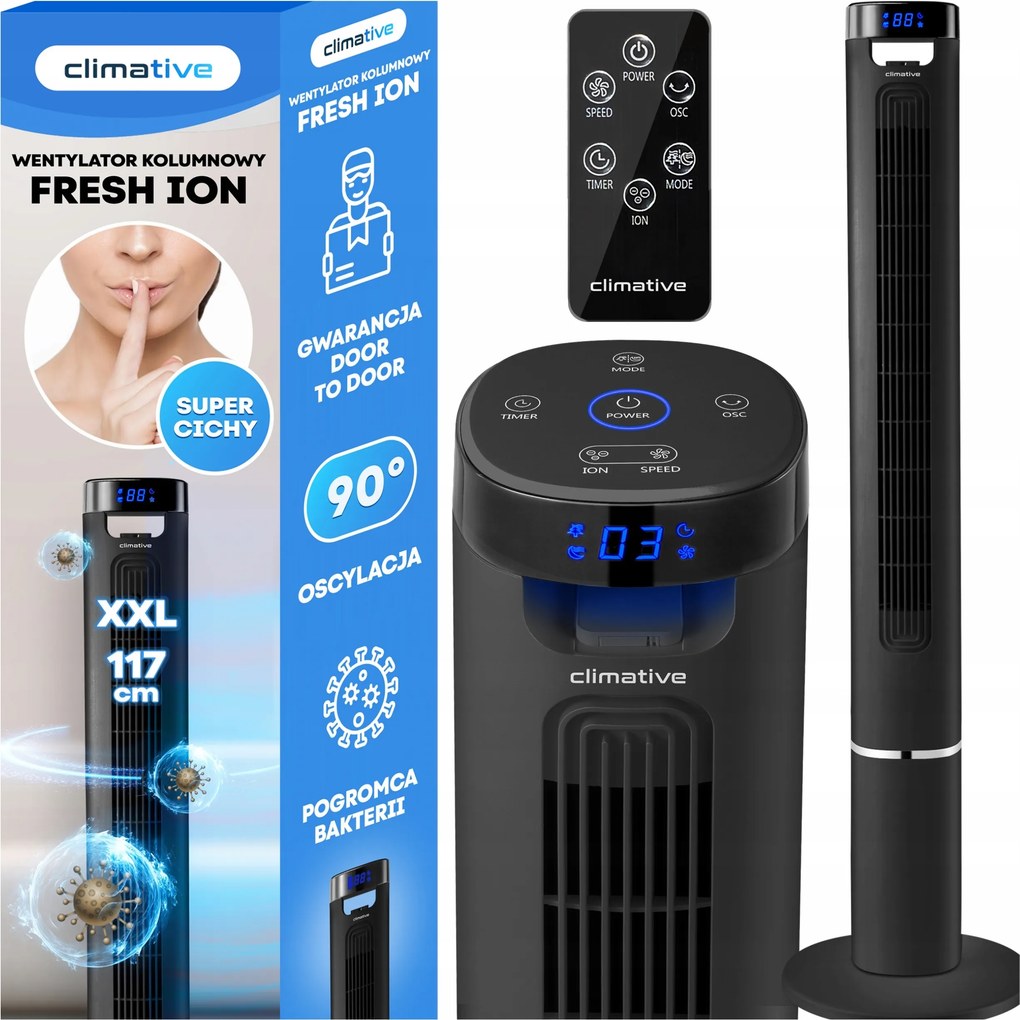 Silný sloupový ventilátor Stojící větráček Ionizace 117 cm Fresh Ion XXL