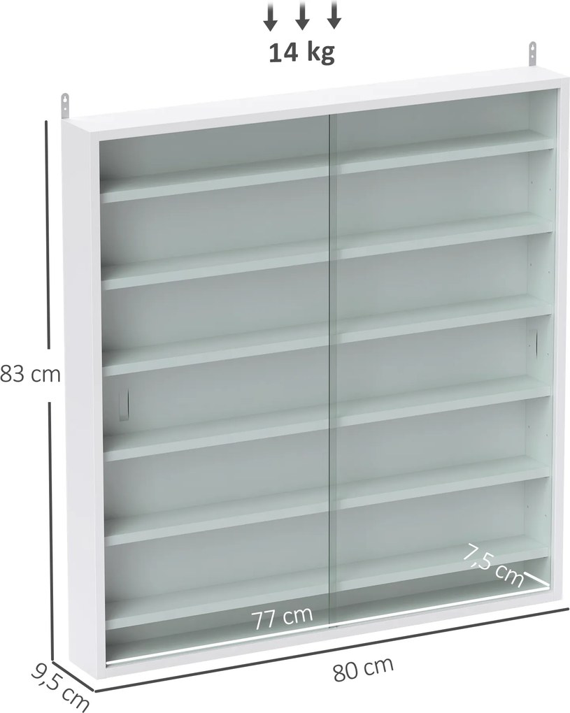 HOMCOM nástěnná vitrína na sběratelské předměty, 80 × 9,5 × 83 cm, 6 nastavitelných polic, 2 posuvné skleněné dveře, bílá — pro figurky a modelová au…