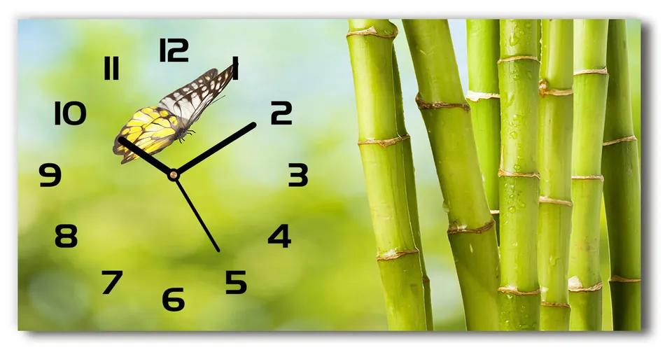Wallmuralia Skleněné hodiny na stěnu tiché Bambus a motýl 60x30 cm