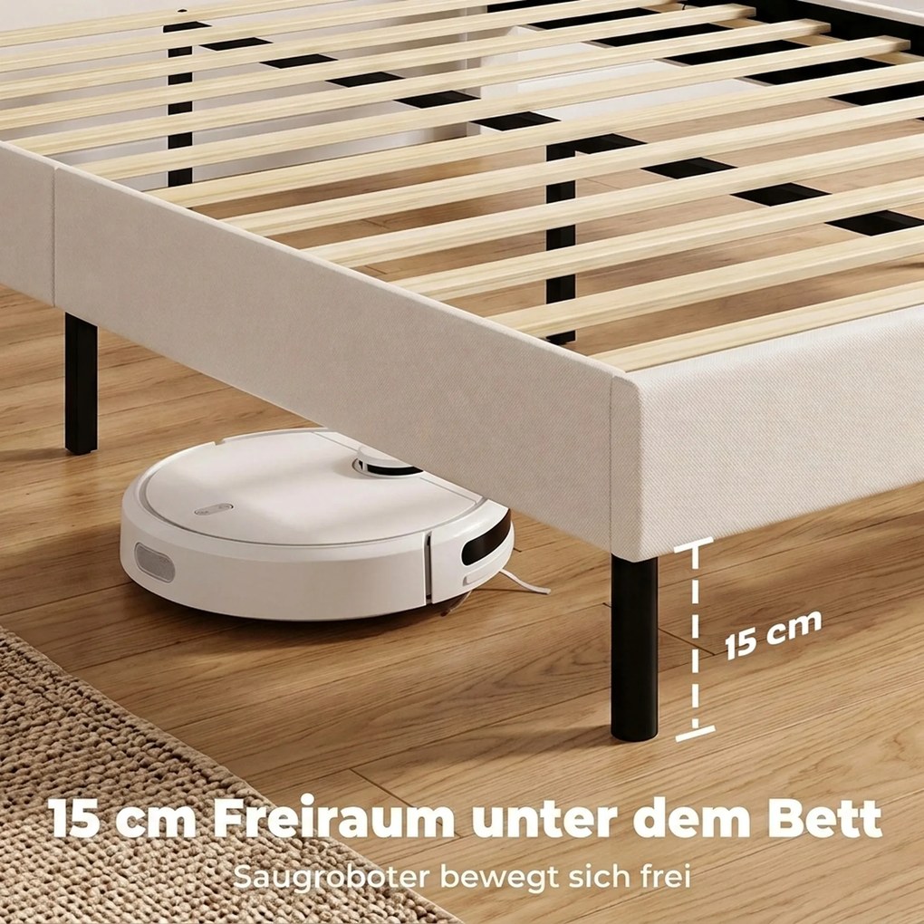 HOMCOM Postelový rám 140 x 200 cm s nastavitelným čelem, čalouněná postel s lněným vzhledem se 12 překližkovými laťkami, béžová