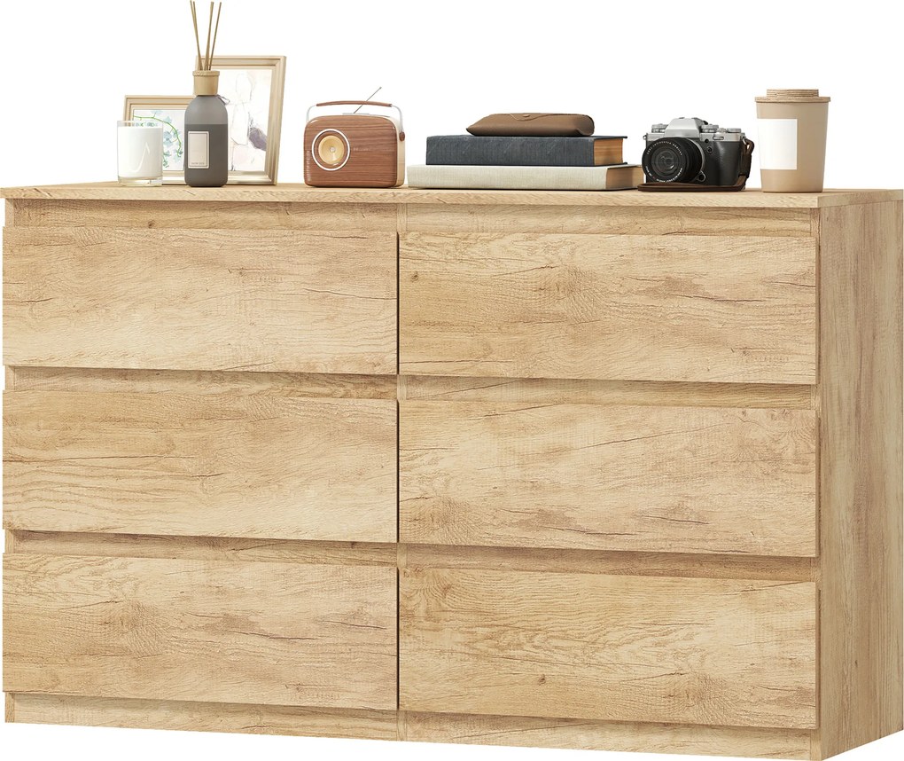HOMCOM komoda 6 zásuvek úložný nábytek bez úchytek minimalistický design 120 x 39 x 75 cm dub