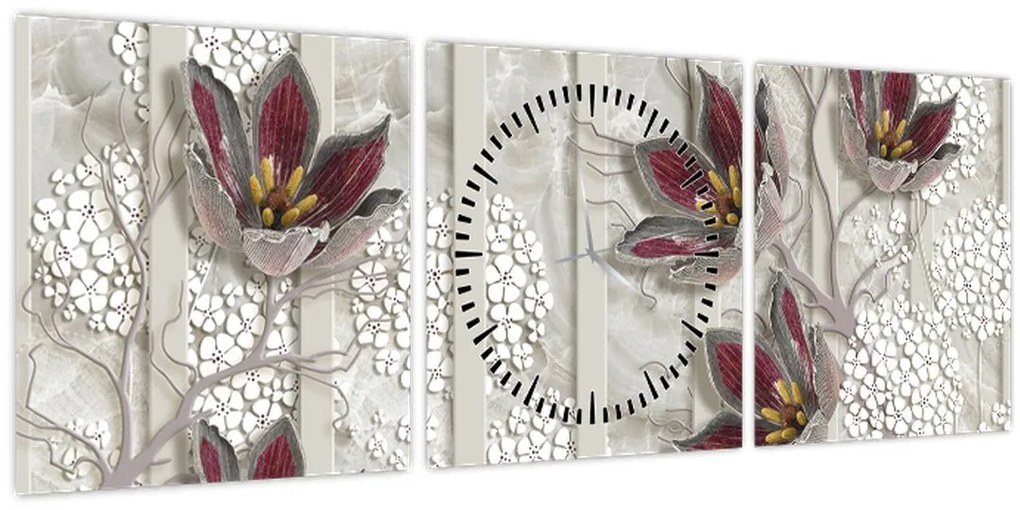 Obraz - Dekorativní květy (s hodinami) (90x30 cm)