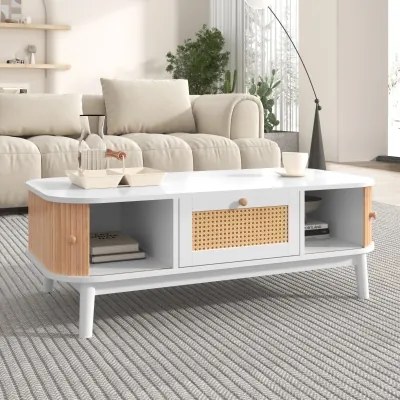 Aosom Ratanový konferenční stolek 110x55 cm, rustikální design s šuplíky - Ideální do obývacího pokoje a na terasu, barva dřeva a bílá