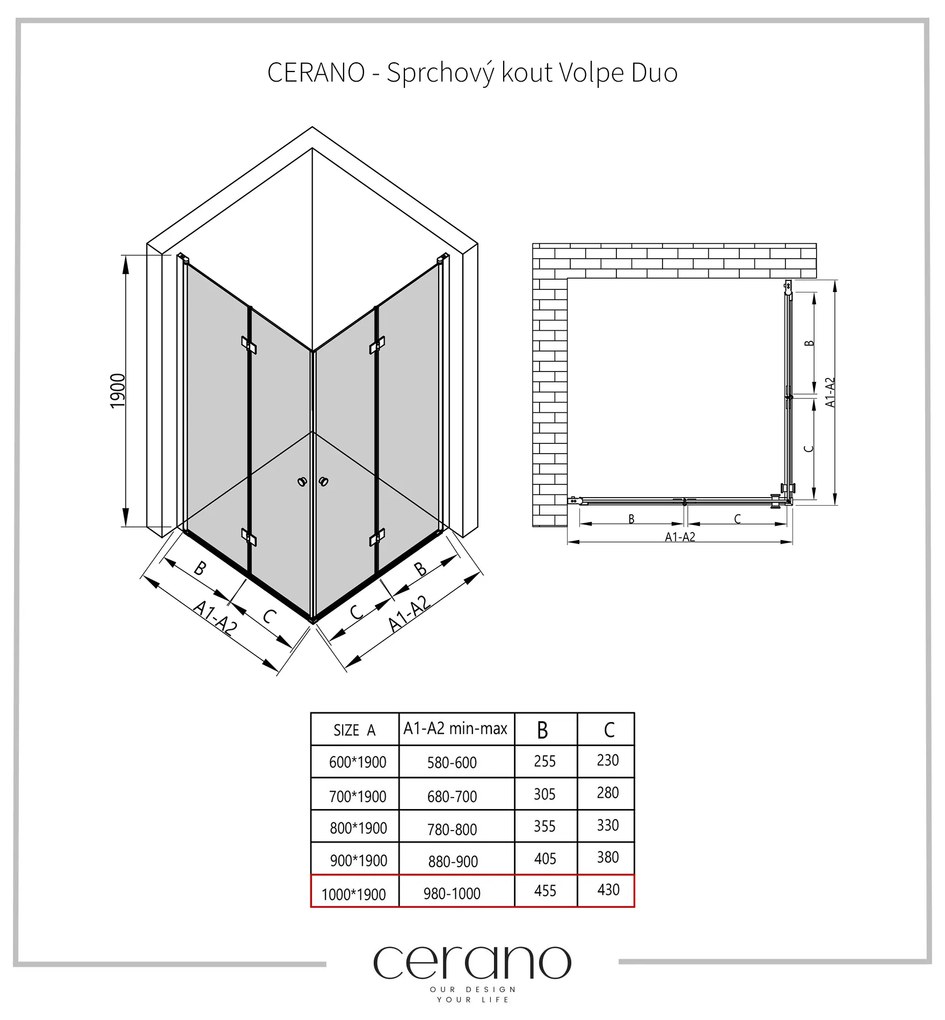 CERANO - Sprchový kout Volpe Duo L/P - černá matná, transparentní sklo - 100x100 cm - skládací