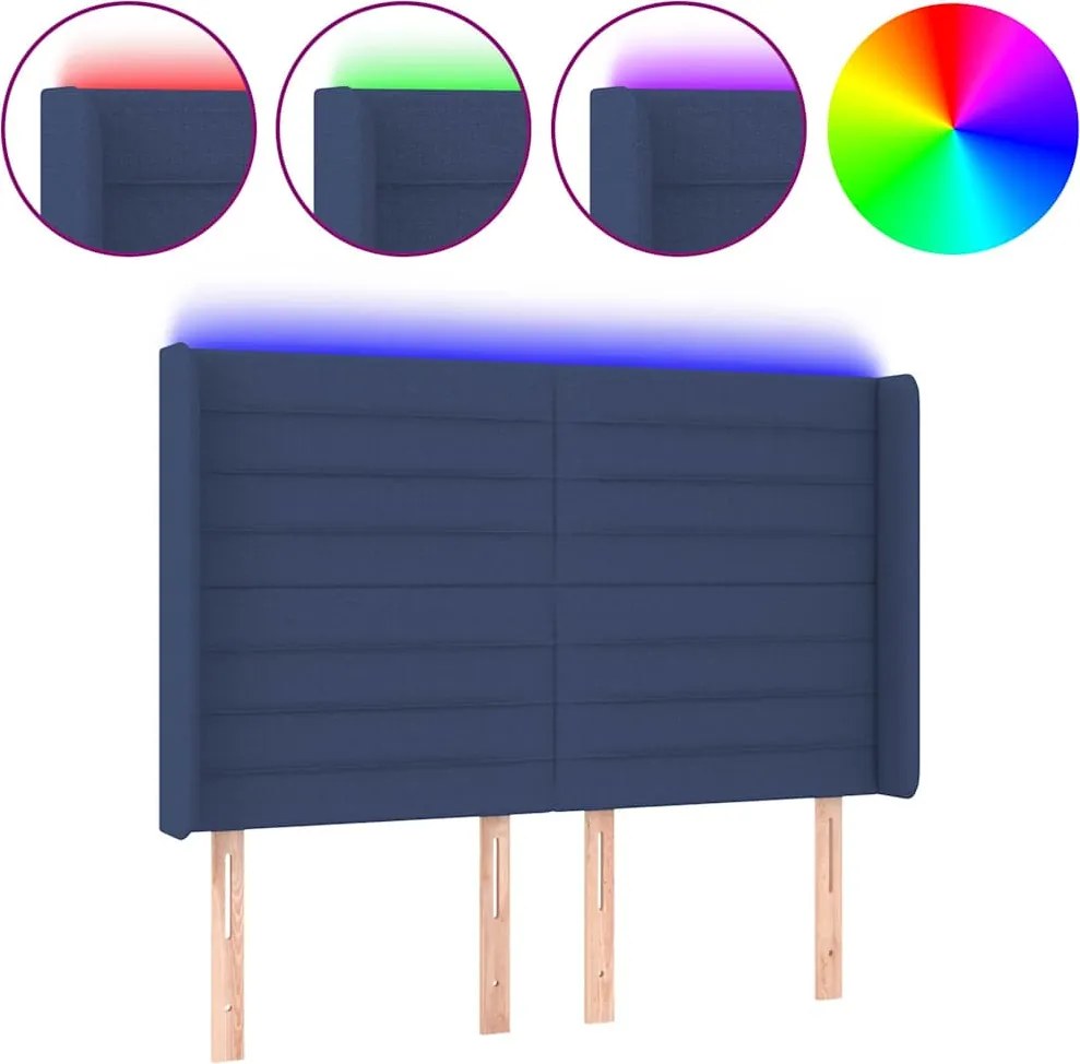 Čelo postele s LED modré 147 x 16 x 118/128 cm textil 3124192