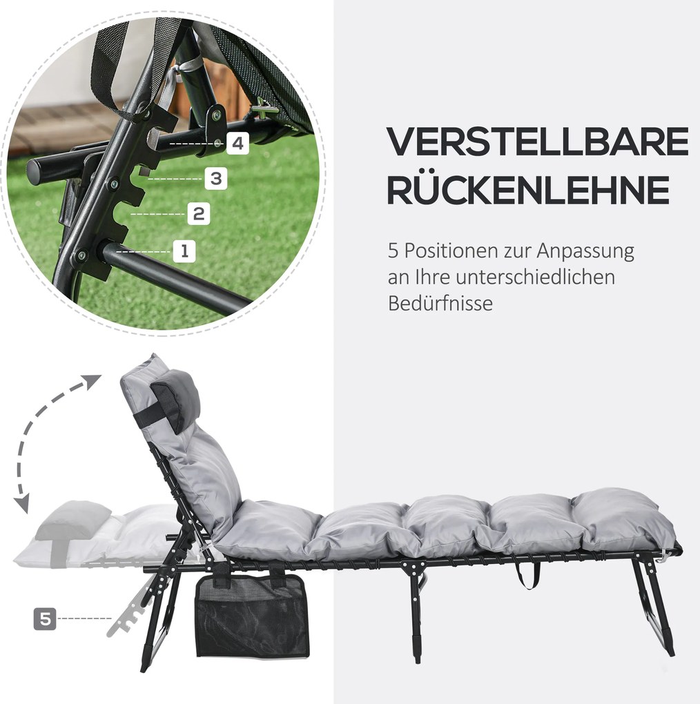 Skládací lehátko, 5stupňové polohování opěradla, polštář, podpěra, do 120 kg, ocel, světle šedá, 58 x 189 x 32,5 cm