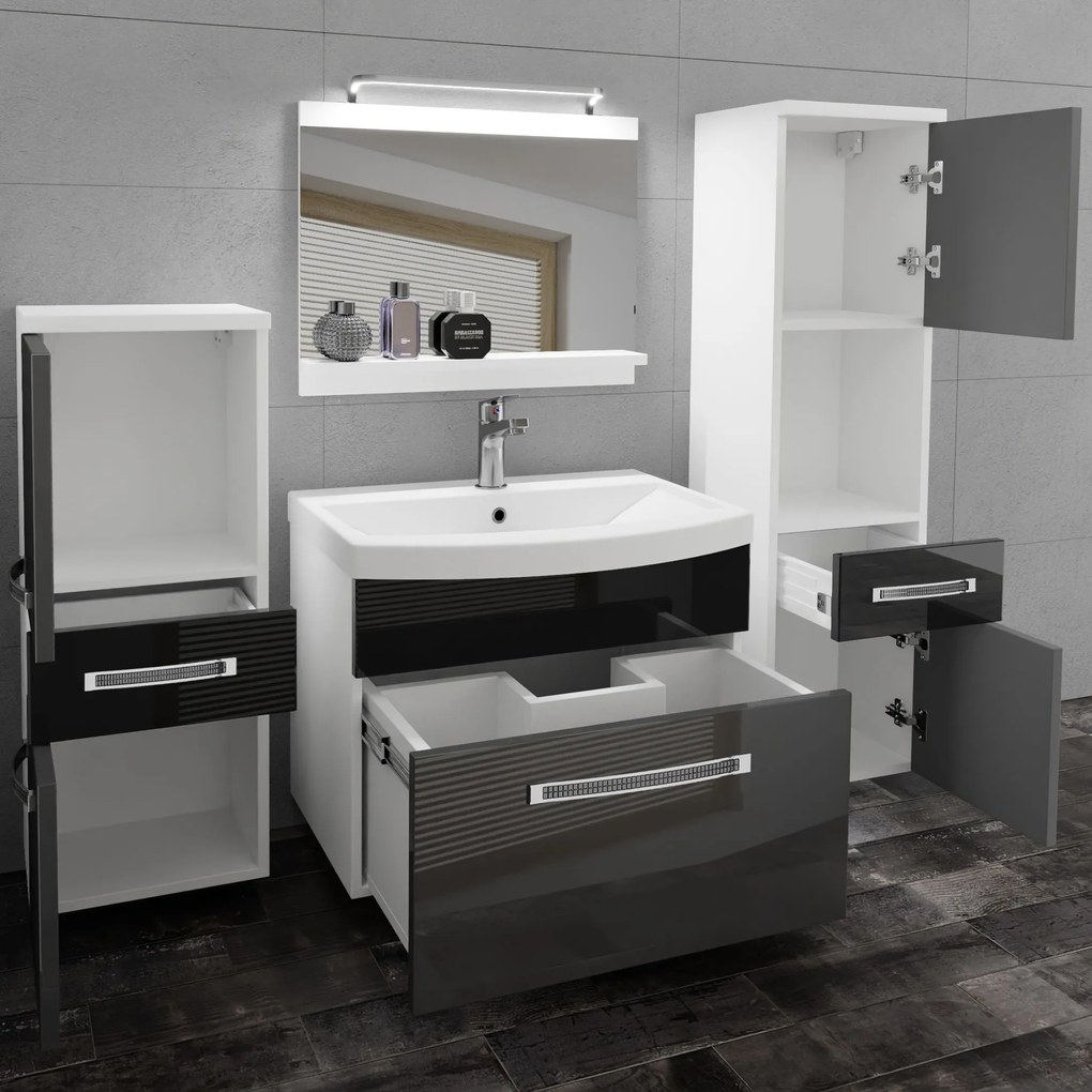 Koupelnový nábytek Belini Premium Full Version šedý lesk / černý lesk
+ umyvadlo + zrcadlo + LED osvětlení Glamour 88