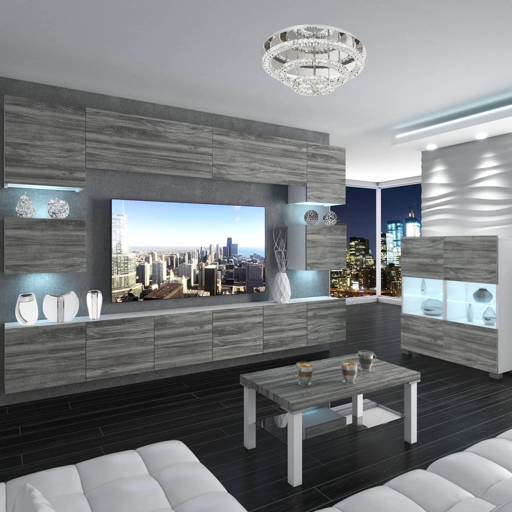 Obývací stěna Belini Premium Full Version  šedý antracit Glamour Wood+ LED osvětlení Nexum 49  NEX 3/0/W/GW1/0/0/PP