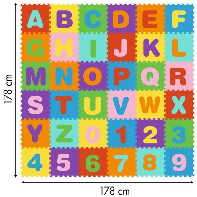 Velká pěnová podložka pro děti s písmeny a čísly, 178x178 cm 36 ks.