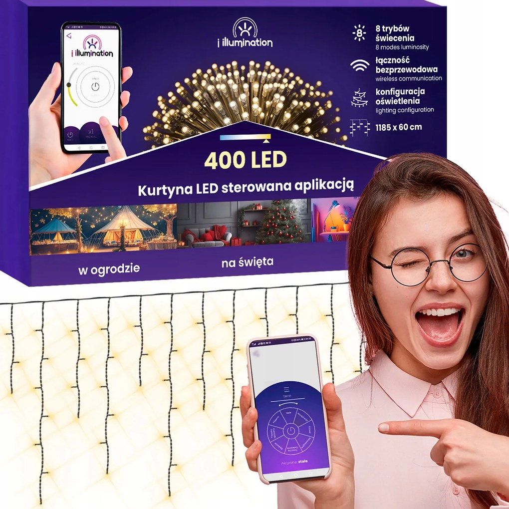 Celoroční Led závěs ovládaný Aplikací, světelná dekorace 400, girlanda