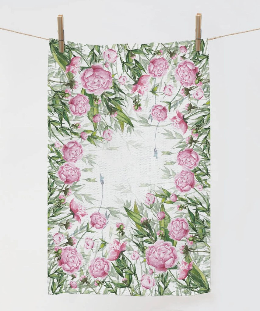 Lenbutik Luxusní lněná utěrka ,70x45 cm - Pivoňky/ Peonies