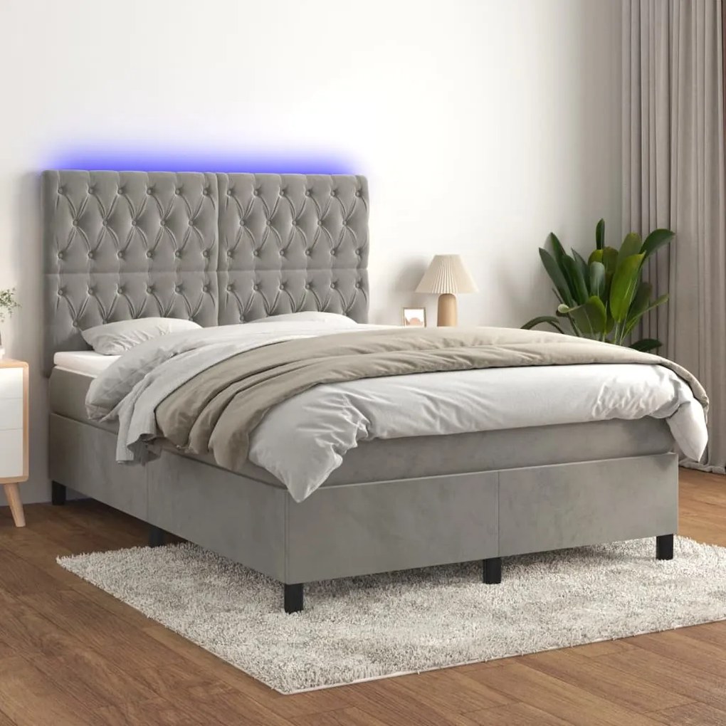 Box spring postel s matrací a LED světle šedá 140x190 cm samet