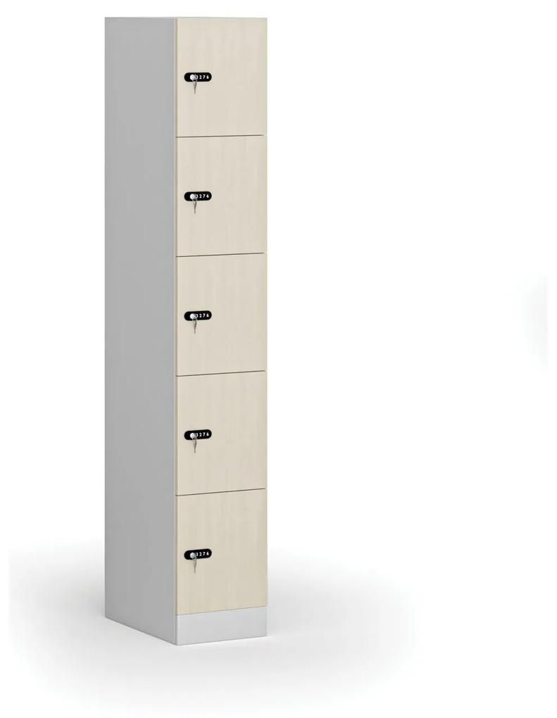 Šatní skříňka s úložnými boxy, 5 boxů, 1850 x 300 x 500 mm, mechanický kódový zámek, laminované dveře, bílá