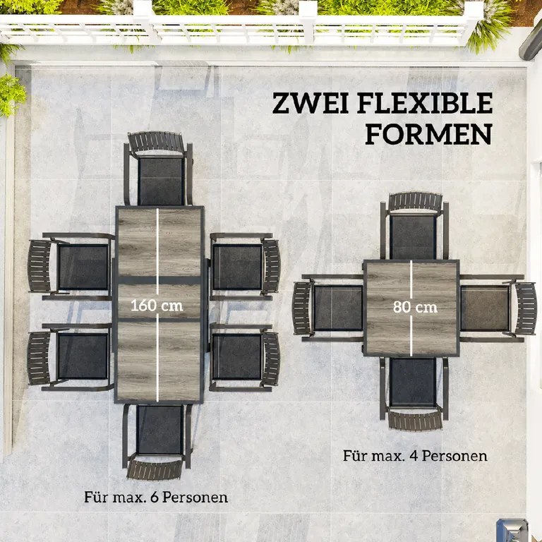 Zahradní stůl Outsunny, jídelní stůl s rozkládací deskou, stůl na terasu se vzhledem dřeva, hliníkový stůl na balkon, béžová+šedá, 160 x 80 x 75cm| A…