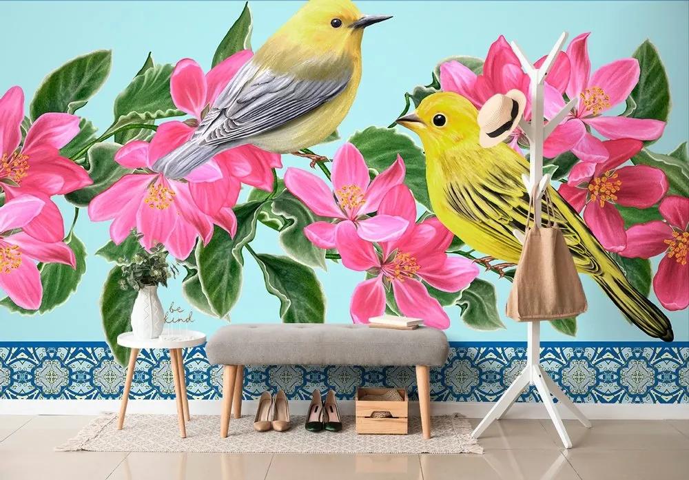 Samolepící tapeta ptáčci a květiny ve vintage provedení - 450x300 cm