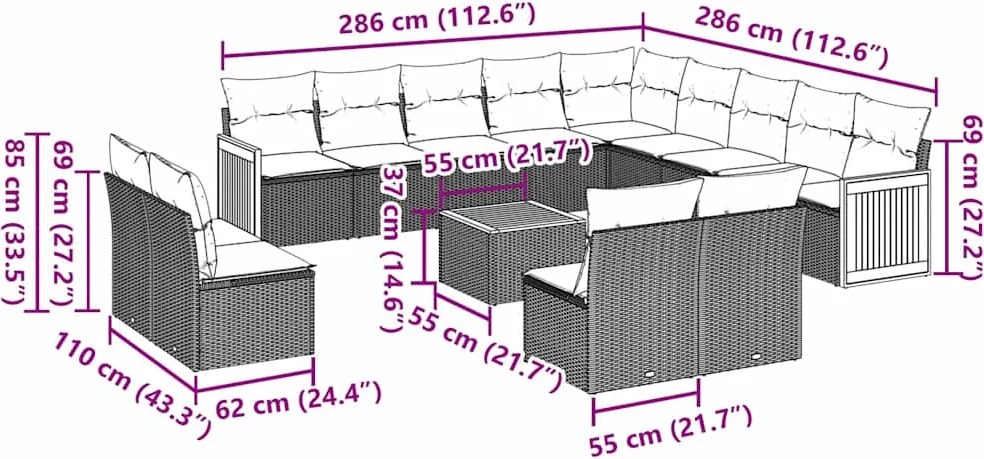 14dílná zahradní sedací souprava s poduškami černá polyratan 3260572