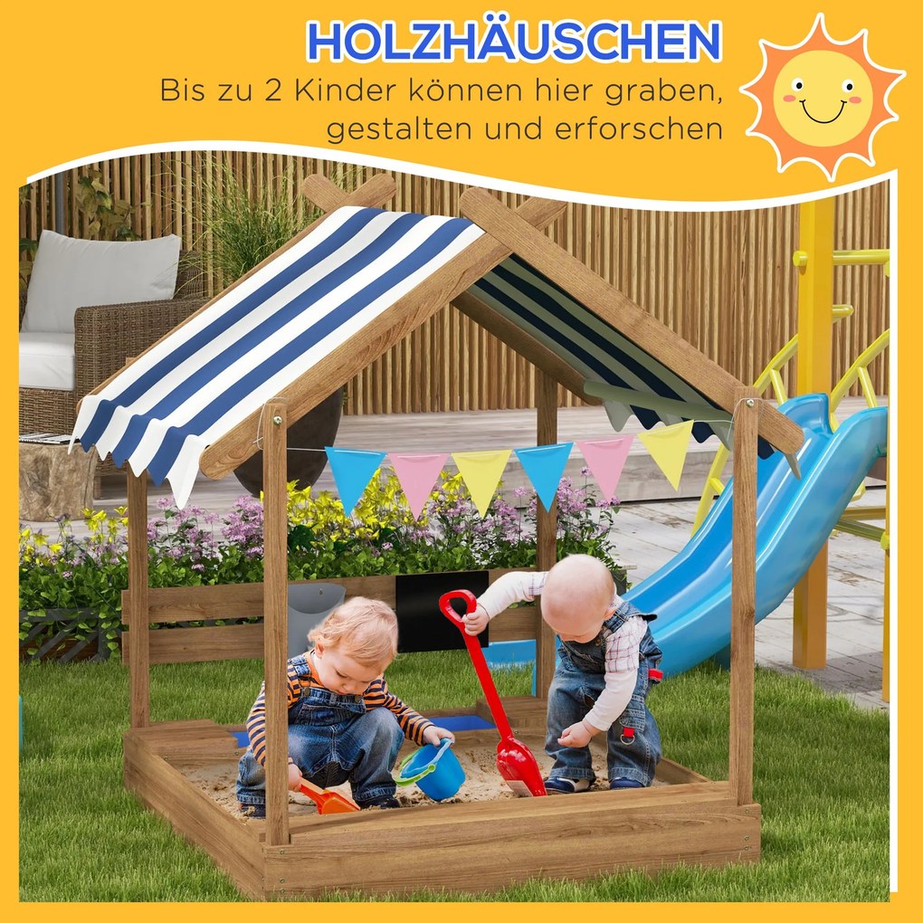 Outsunny Pískoviště s ochranou proti slunečnímu záření, design domečku na hraní, se sadou hraček, opracované masivní dřevo, 124 x 116 x 146 cm, hnědá…