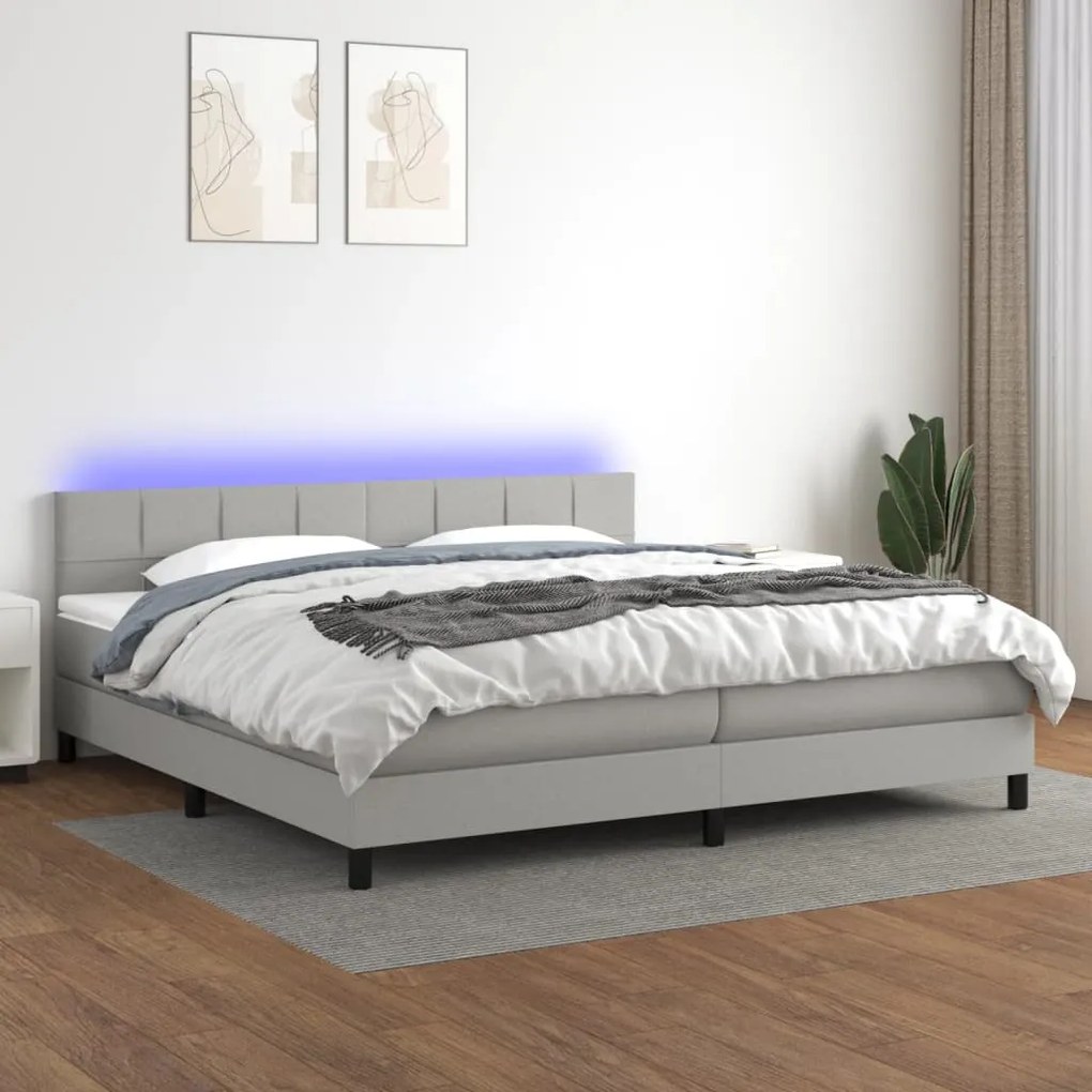 Box spring postel s matrací a LED světle šedá 200x200 cm textil 3133181