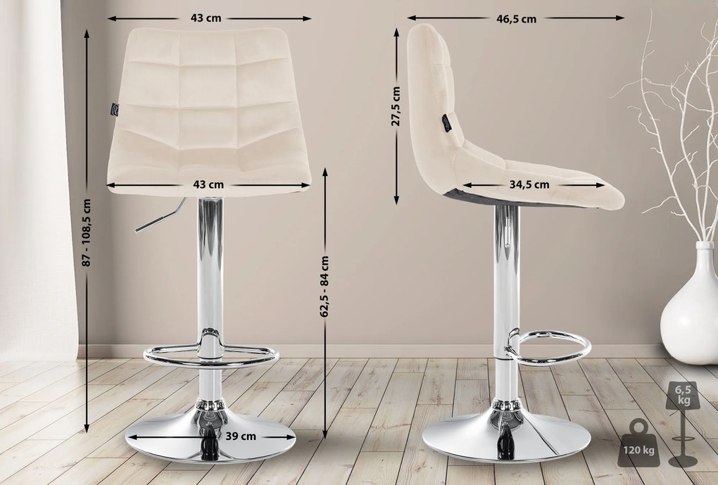 Barové židle Sandford - 2 ks - samet | chrom/krémová