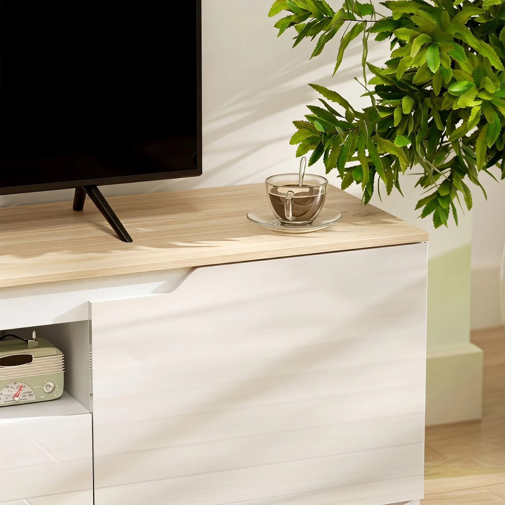 HOMCOM TV nízká komoda, vysoký lesk, pro televizi až 65'', 3 přihrádky, zásuvka, 160 x 38 x 43 cm, přírodní dřevo