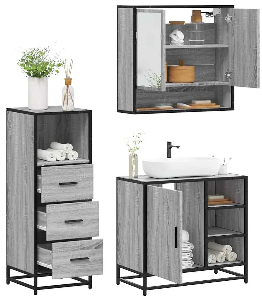 3dílný set koupelnového nábytku šedý sonoma kompozitní dřevo 3301058