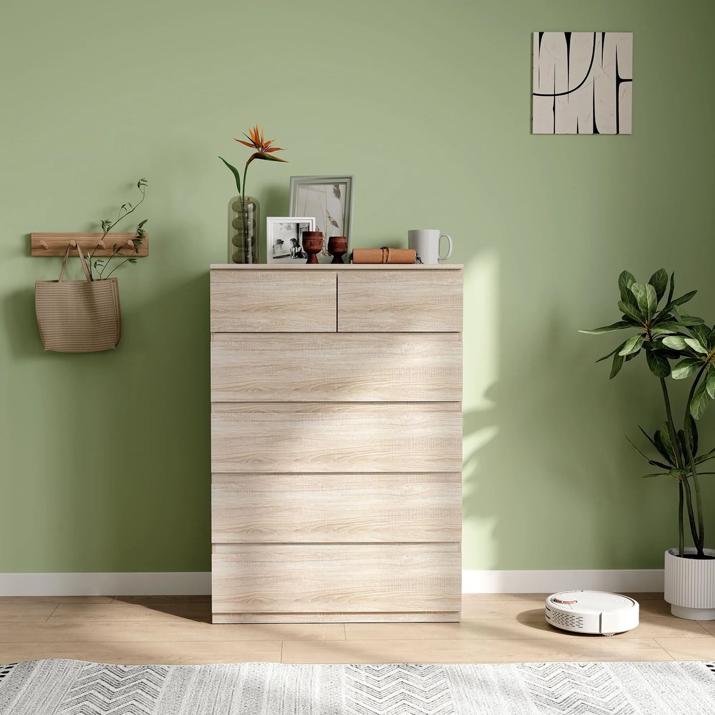 HOMCOM Komoda se 6 šuplíky s minimalistickým designem bez úchytek - 80 x 39 x 115 cm - Přírodní dřevo