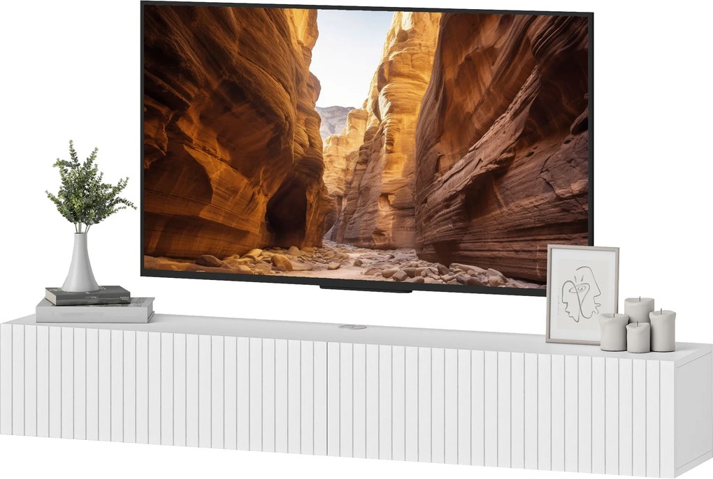 HOMCOM závěsný televizní nábytek 140 cm, TV lowboard pro televize až 182,9 cm, 2 výklopné dveře, 140x25x22 cm, bílá