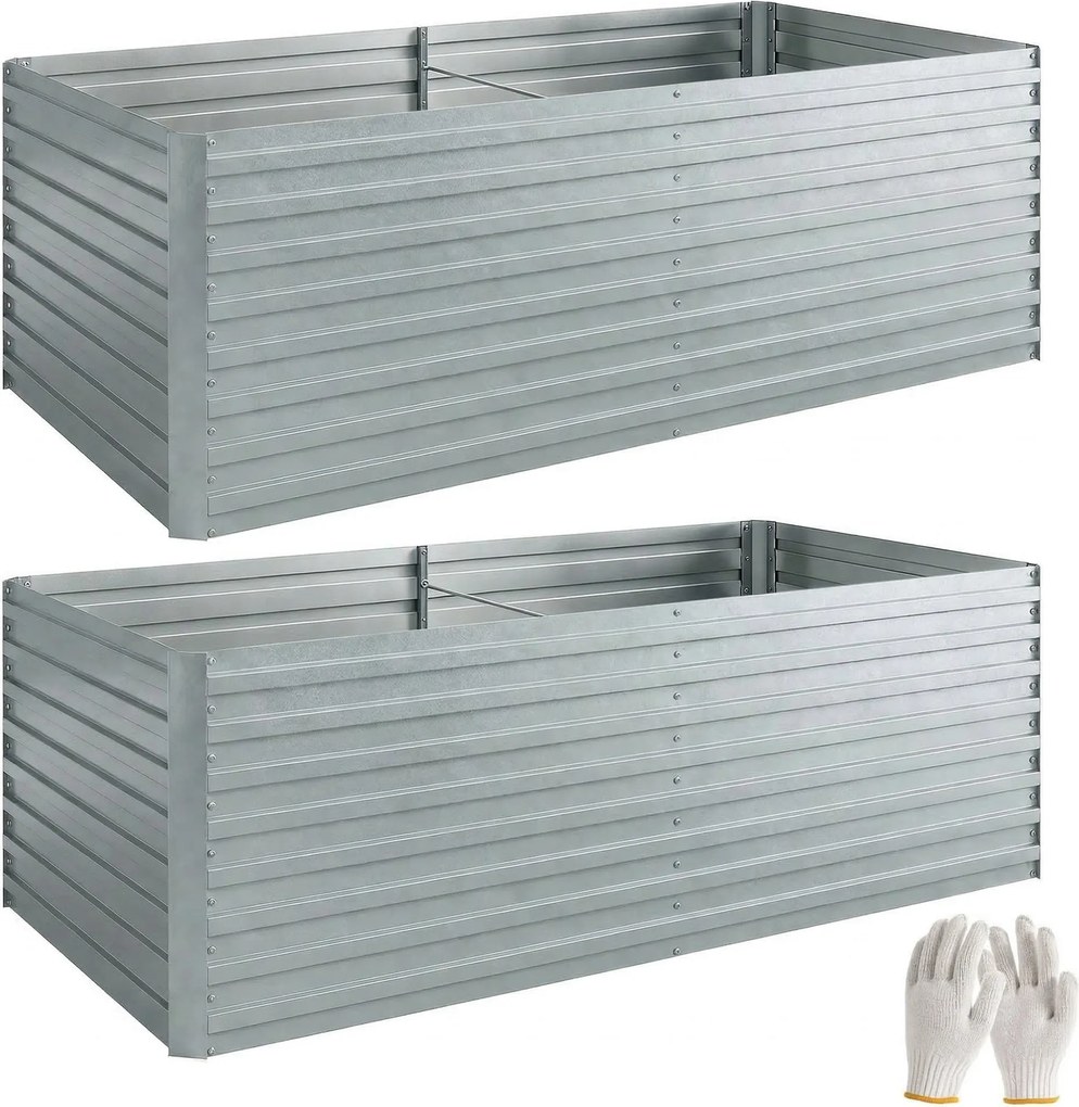 Outsunny 2× pozinkované vyvýšené záhony 180 × 90 × 60 cm — hluboké obdélníkové truhlíky s podpěrami, otevřeným dnem, včetně rukavic, pro zeleninu, ov…