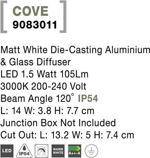 NV 9083011 Venkovní zapuštěné svítidlo do zdi COVE matný bílý litý hliník a skleněný difuzor LED 1.5W 3000K 200-240V 120st. IP54 - NOVA LUCE