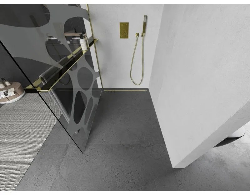 Mexen Kioto+ L, sprchová zástěna Walk-In s poličkou a věšákem 80 x 200 cm, 8mm čiré sklo bílý vzor, zlatý lesklý profil, 800-080-123-50-97