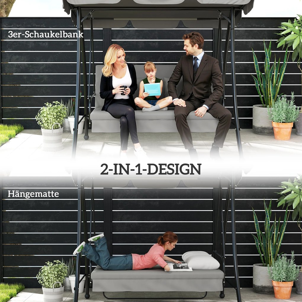 Outsunny Hollywoodská houpačka Zahradní houpačka Houpací lavice s funkcí polohování, 3 místa, kov+polyester, bílá, 209 x 114 x 170 cm | Aosom