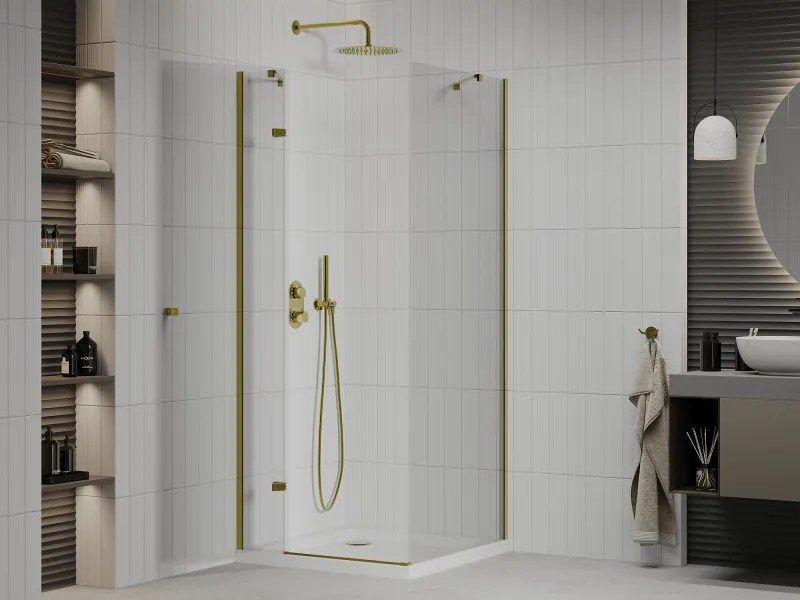 Mexen Roma sprchový kout 90 x 90 cm, 6mm čiré sklo, zlatý profil + sprchová vanička Slim, 854-090-090-50-00-4010