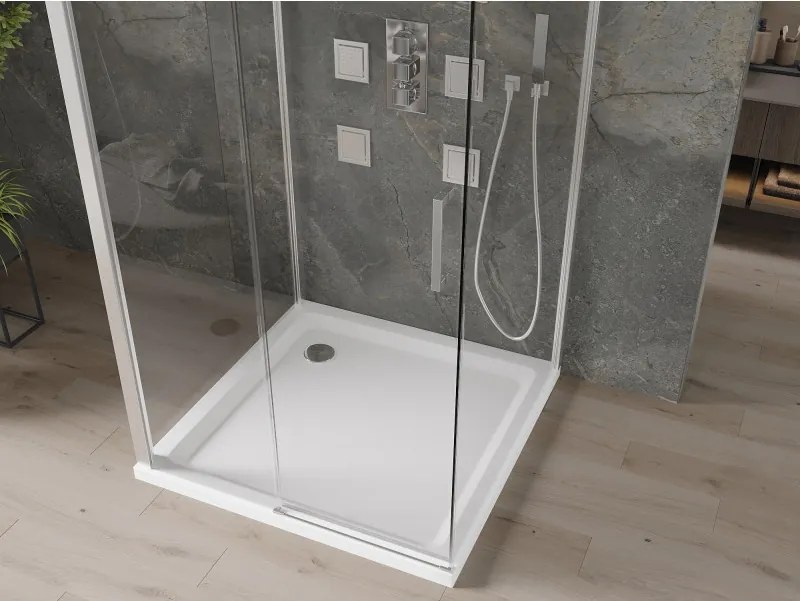 Mexen Omega, 3-stěnový sprchový kout s posuvnými dveřmi 100 (dveře) x 100 (stěna) x 190 cm, 8mm čiré sklo, chromový profil + bílá sprchová vanička SLIM, 825-100-100-01-00-3s-401