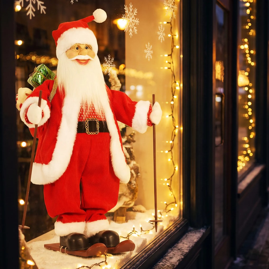 HOMCOM Zpívající lyžařský Santa Claus, 66 cm, stojící animovaná vánoční postava se lyžemi, pytlem s dárky a aktivací zvukem / dotykem