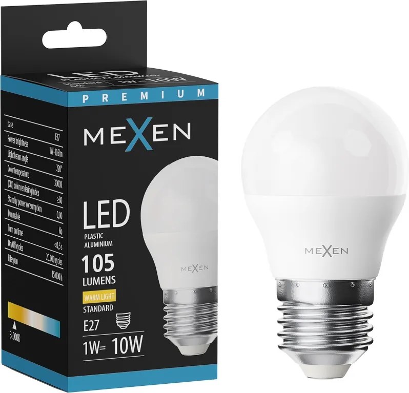 Mexen Nova, LED žárovka E27, G45, 1W, teplá - 3000K, 105 lm - L101-E27-0130-01